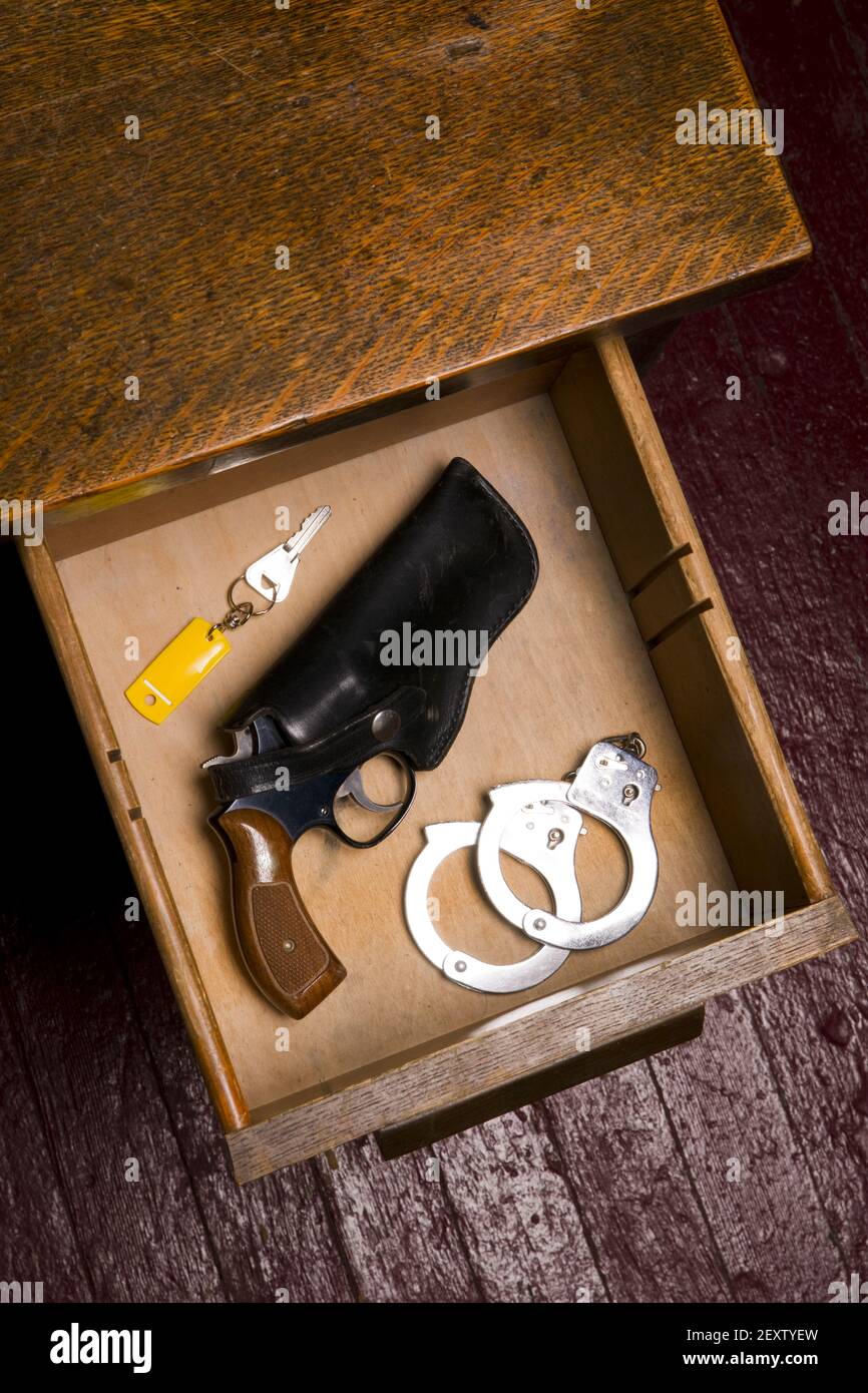 38 Revolver Gun Holster Desk Drawer Key Handcuffs Restraints Stock ...