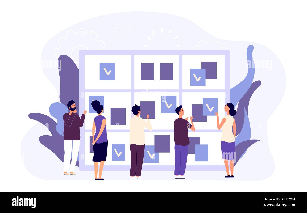 Agenda concept. Work planning, people assign work goals. Flat business ...