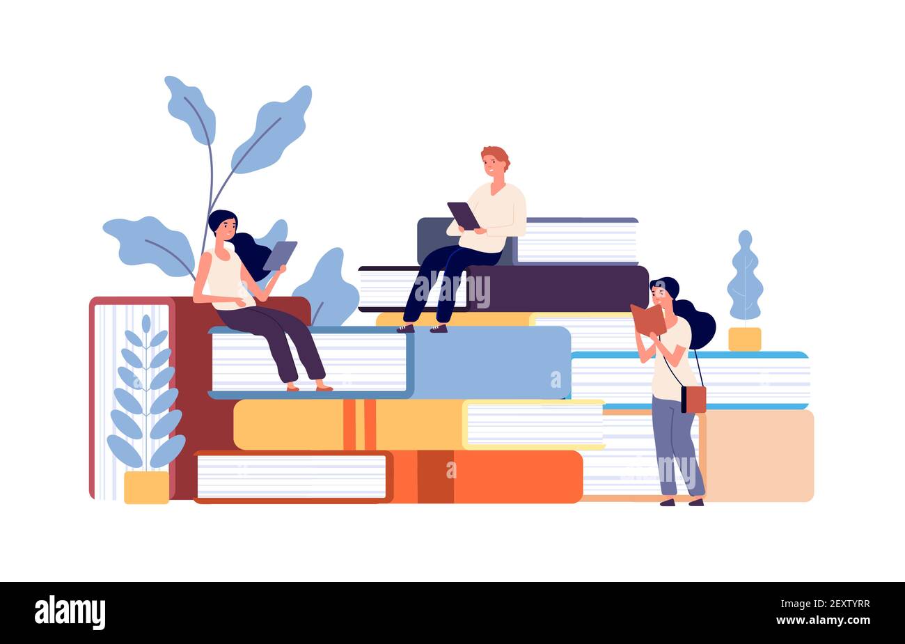 People reading books. Men women studying textbook, students learning ...