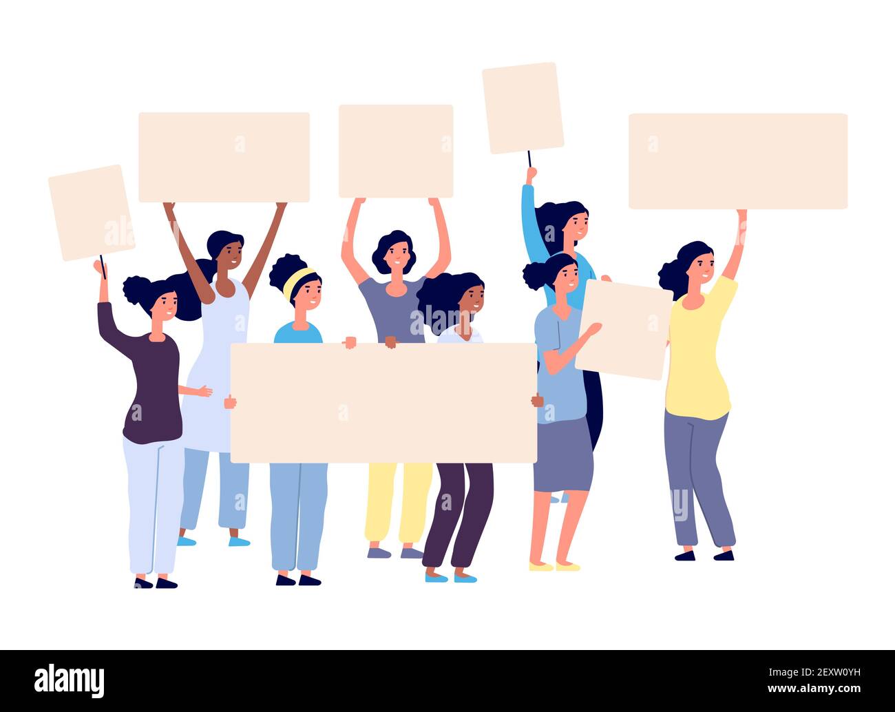 Protesting women. International female characters with placards ...