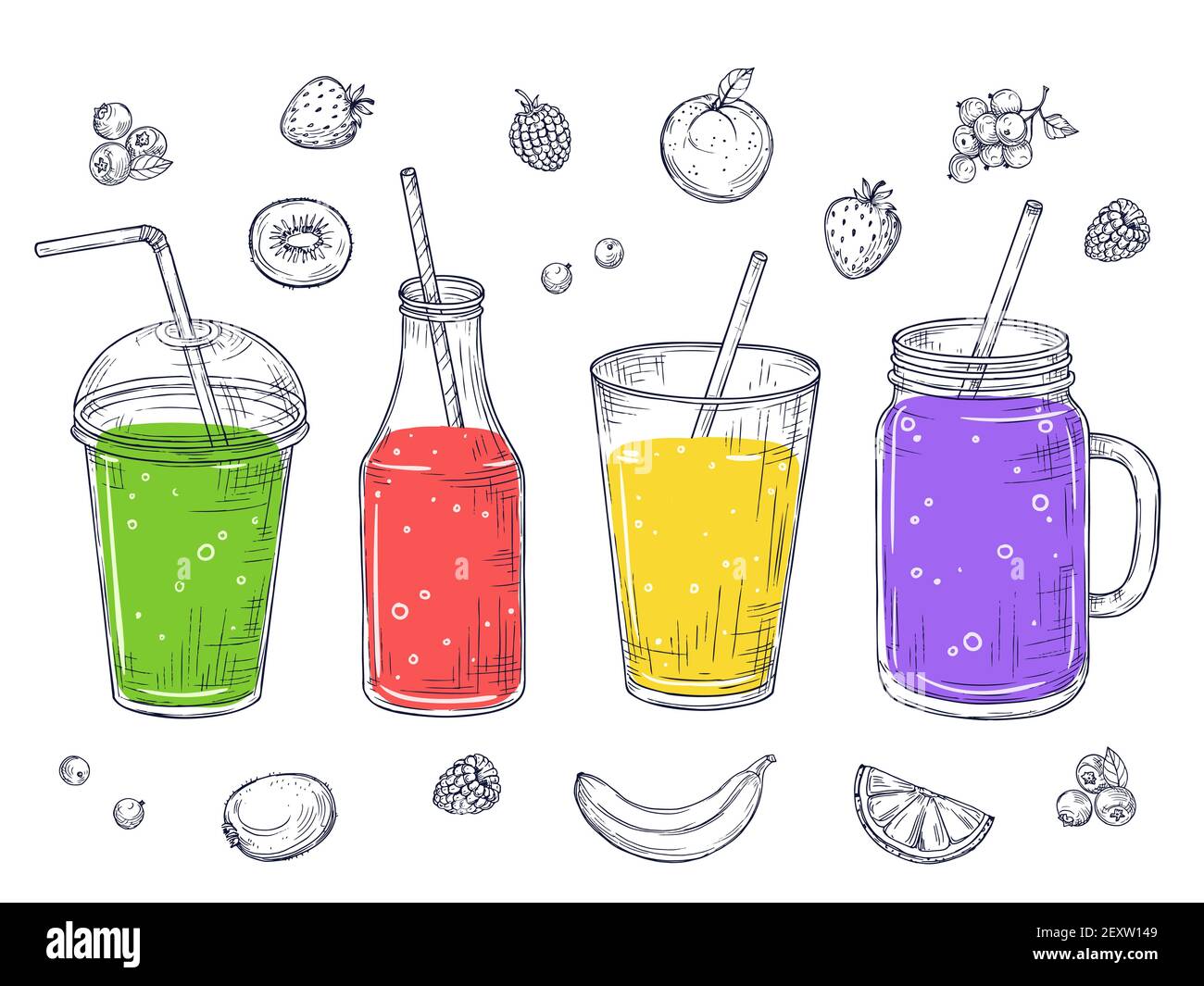 Smoothies. Fruit healthy juice, sketch drinks. Doodle green beverage ...