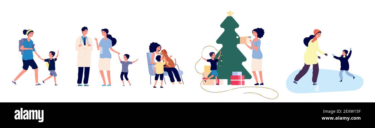 Single mom. Mother with son vector illustration. Family activity ...