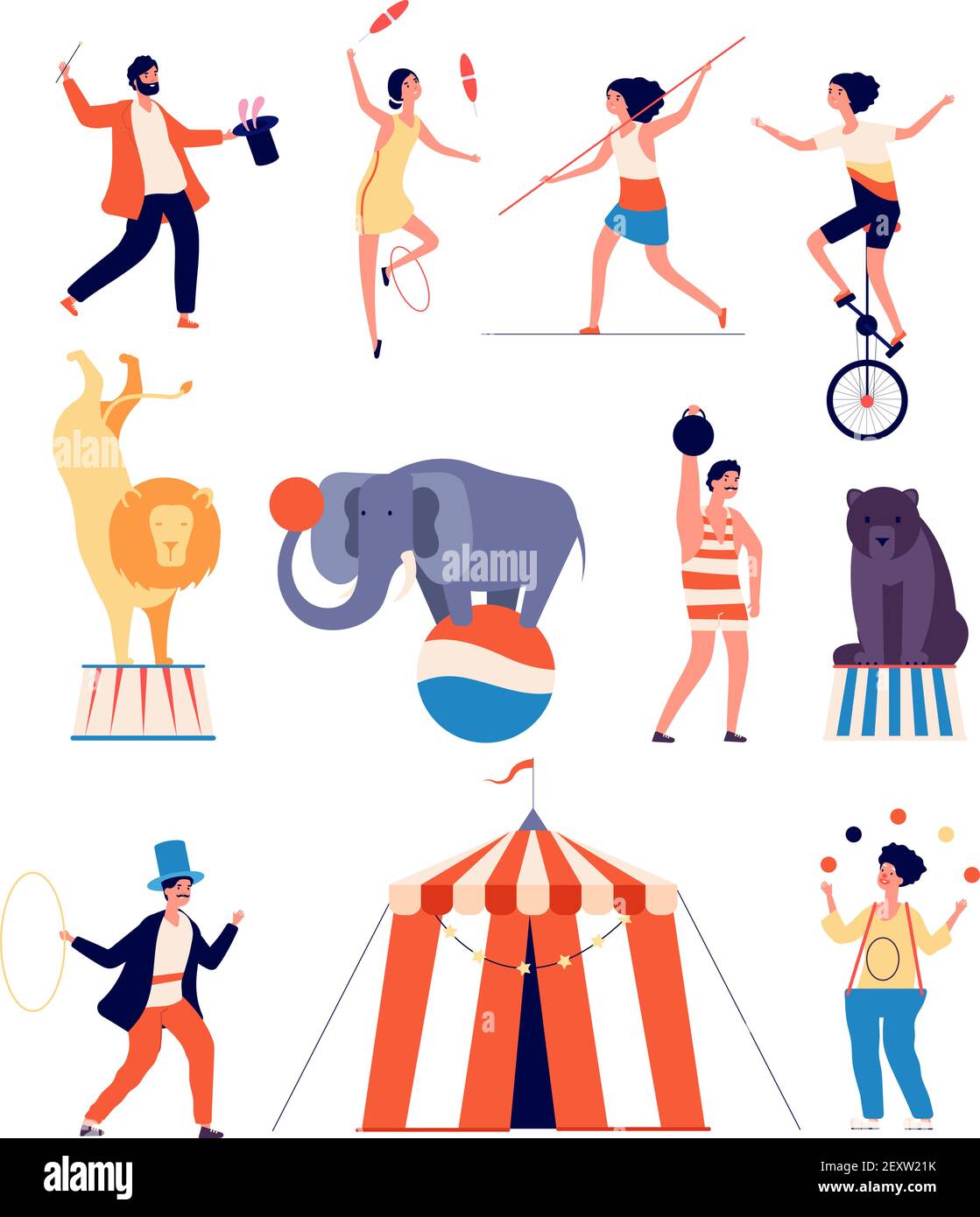 Circus actors. Clown and magician, juggler and balancer, animal trainer ...