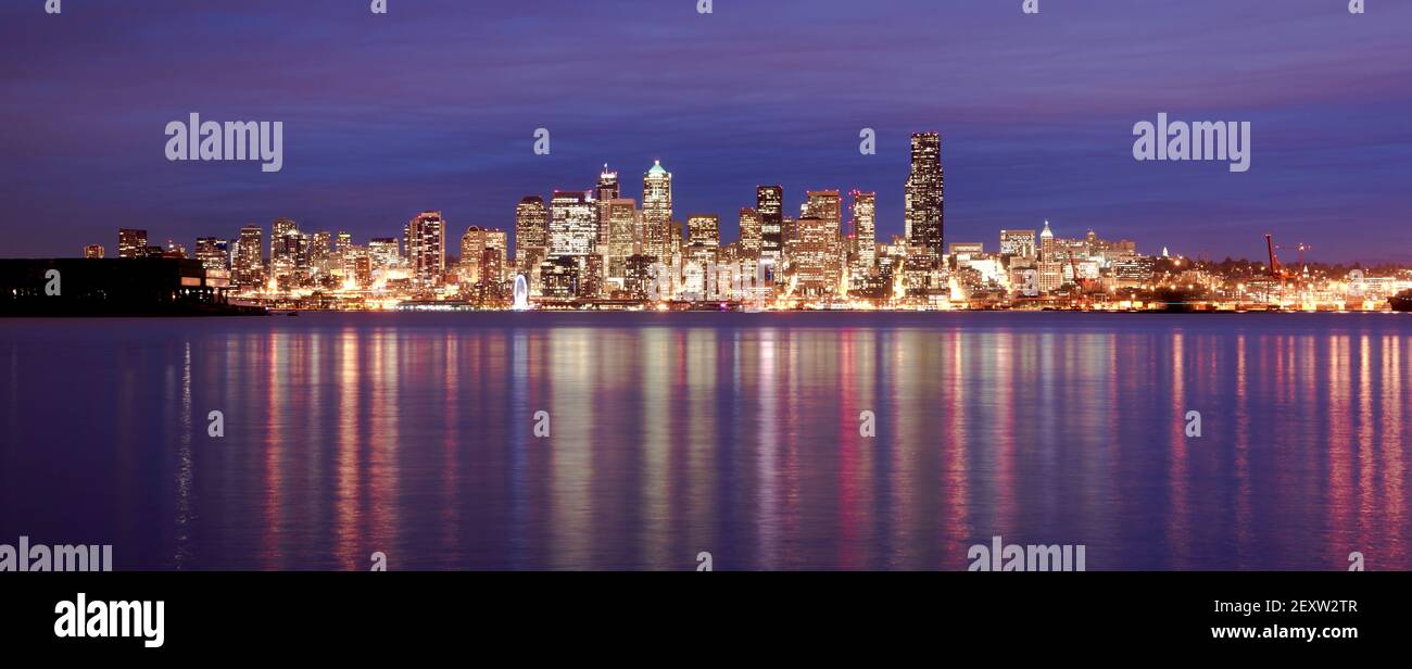 Downtown Seattle Skyline Elliott Bay Puget Sound Office Buildings Night ...