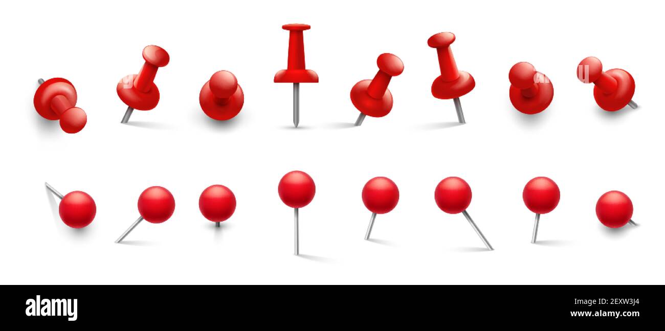 Red thumbtack. Push pins in different angles for attachment. Pushpins ...