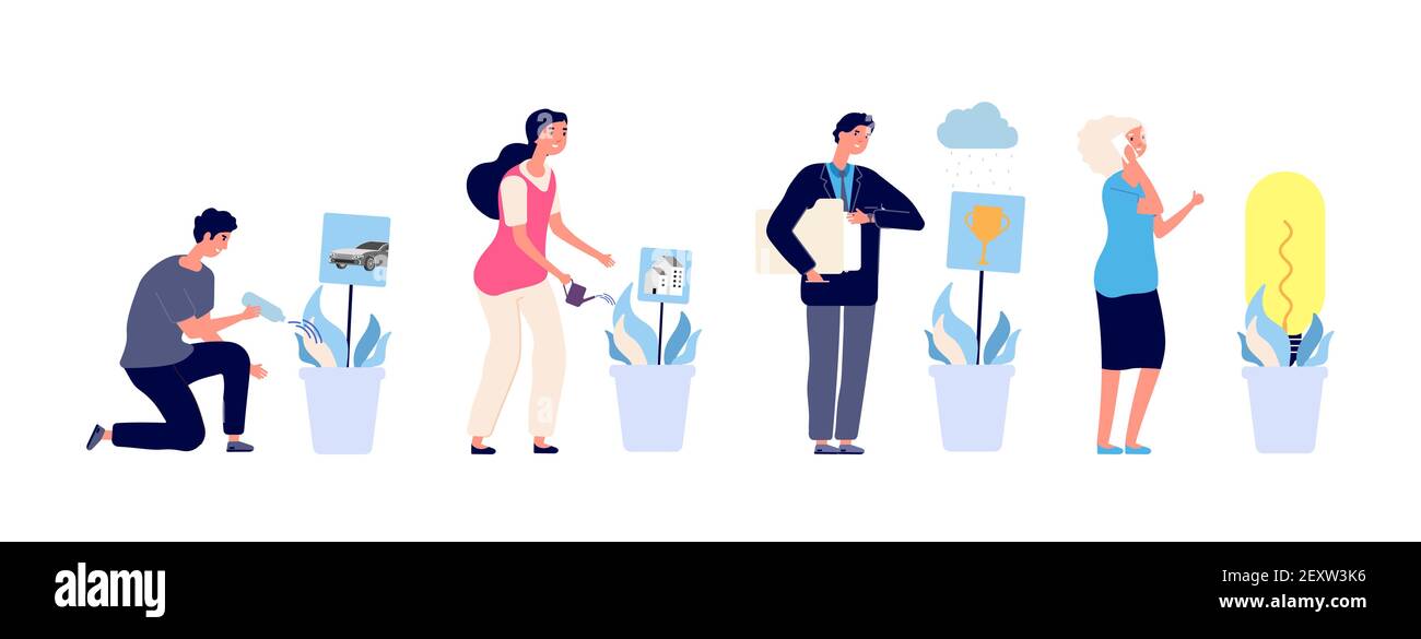 People grow dreams. Desire for success metaphor. Flat people water ...