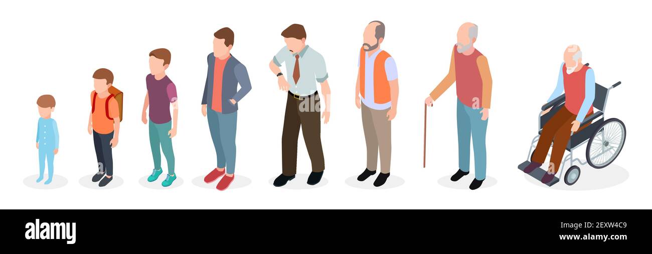Man generations. Isometric adult, vector male characters, kids, boy ...