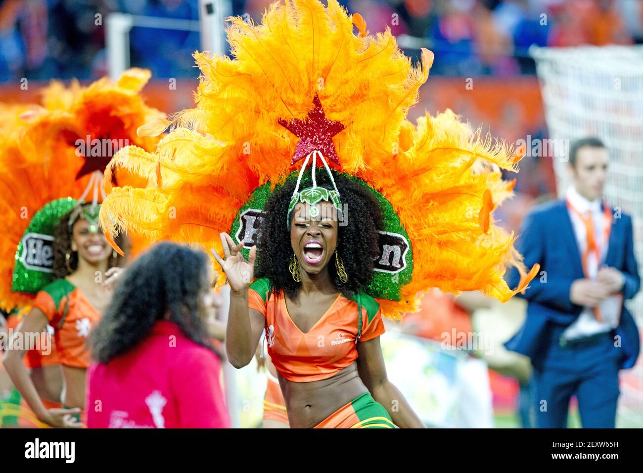 Rotterdam - May 31, 2014 - Brazilian samba dancers on the field. Orange ...