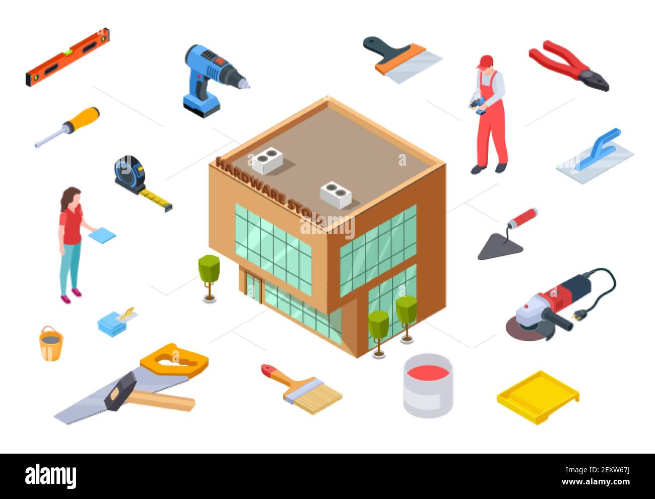 Hardware store concept. Construction supplies isometric collection ...