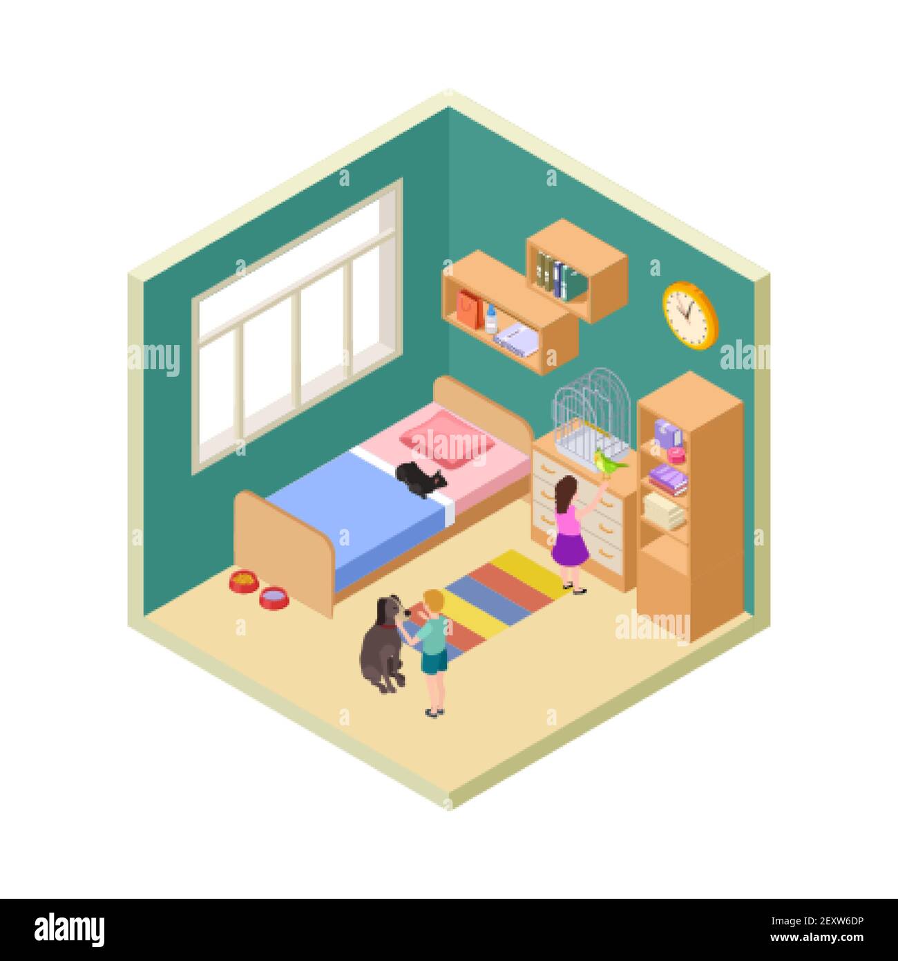 Kids and pets. Girl, boy with cat, dog and bird. Isometric kids room ...