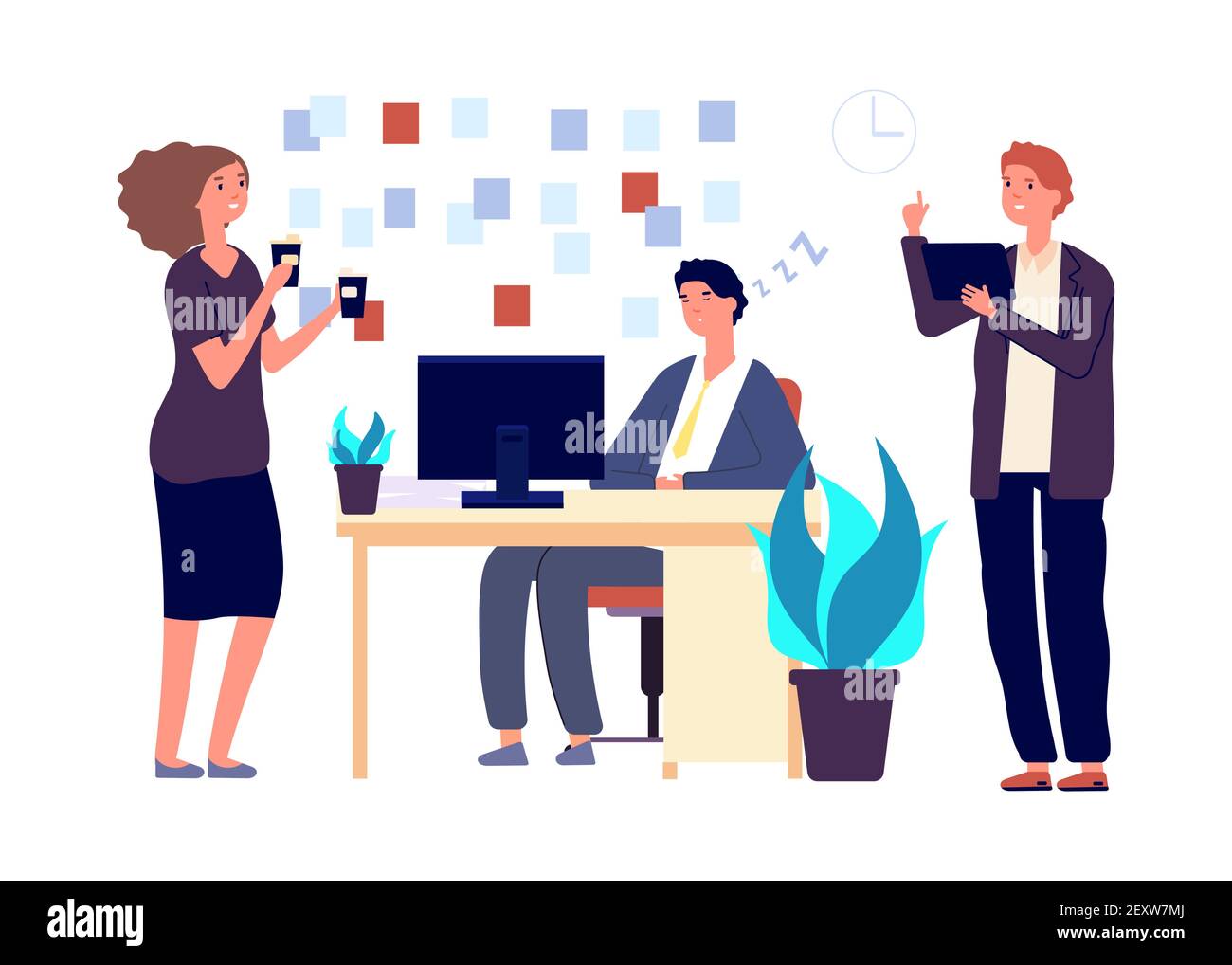 Sleepy man. Tired manager sleeping at workplace. Colleagues want to ...