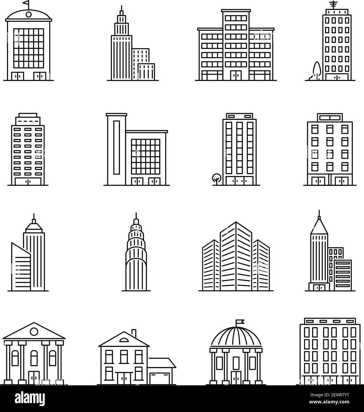 Line buildings. Modern silhouette skyscrapers, industrial estate city. Architecture and ...