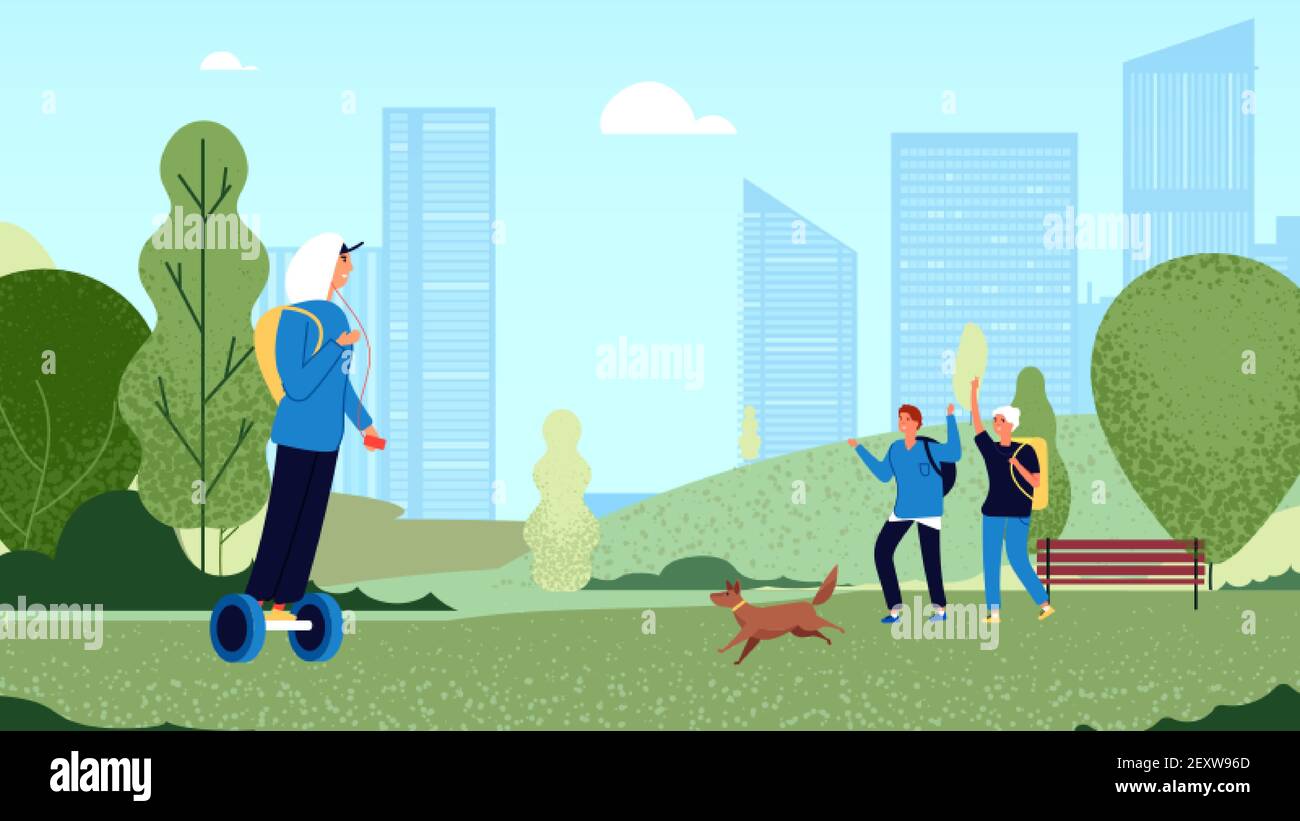 Friends greeting. Group teens meet in park, guys greet gesture. Happy ...