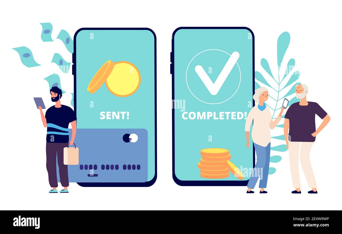 Sending money. Son sends money elderly parents. Mobile transfer ...