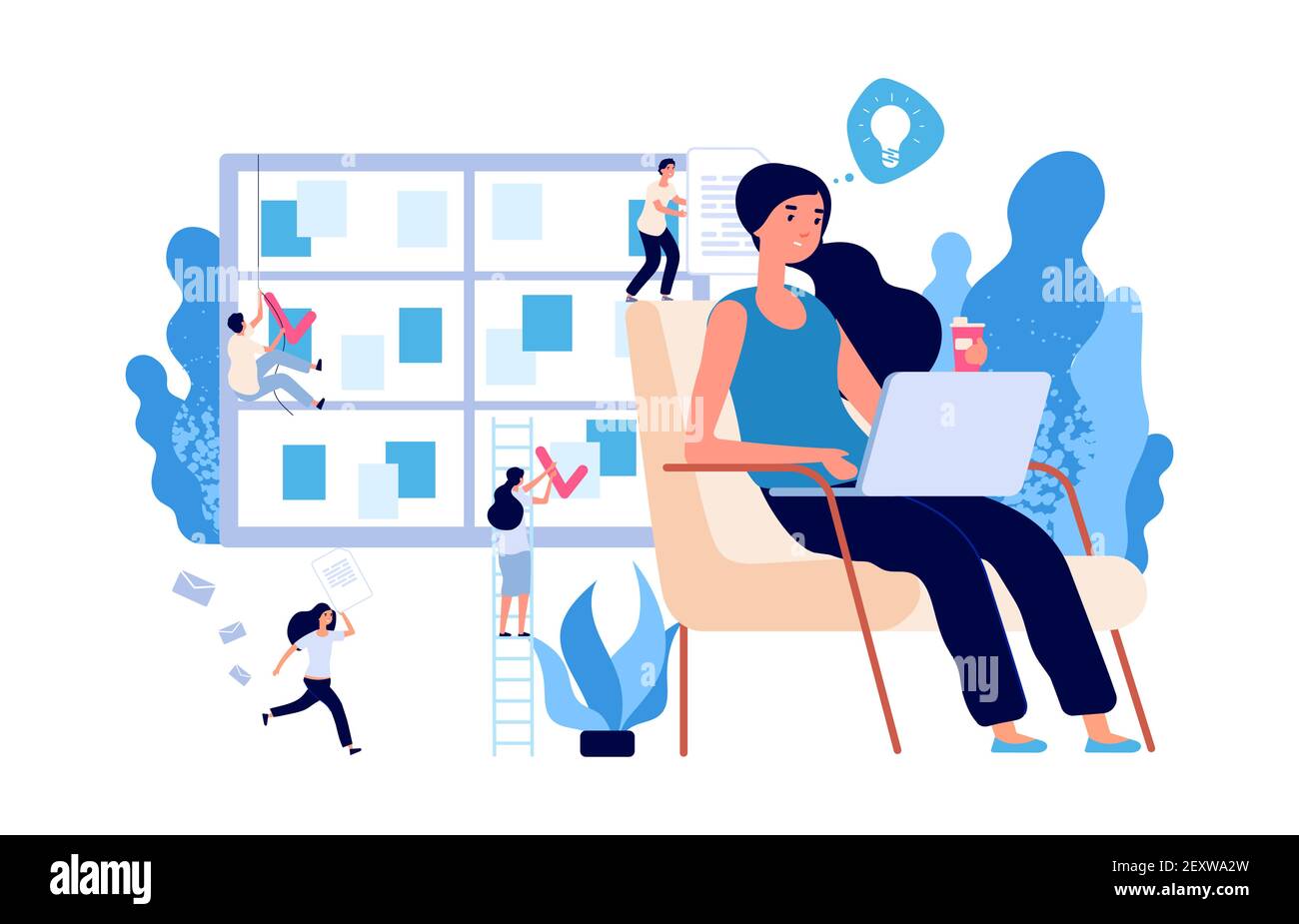 Businesswoman working. Self management, brainstorm vector concept ...