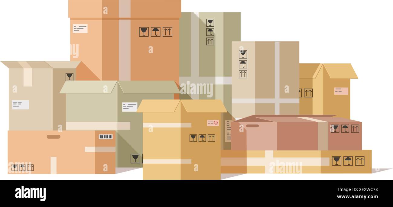 Cardboard boxes stacked. Carton box, pile fragile parcels. Warehouse shipping cargo packaging ...