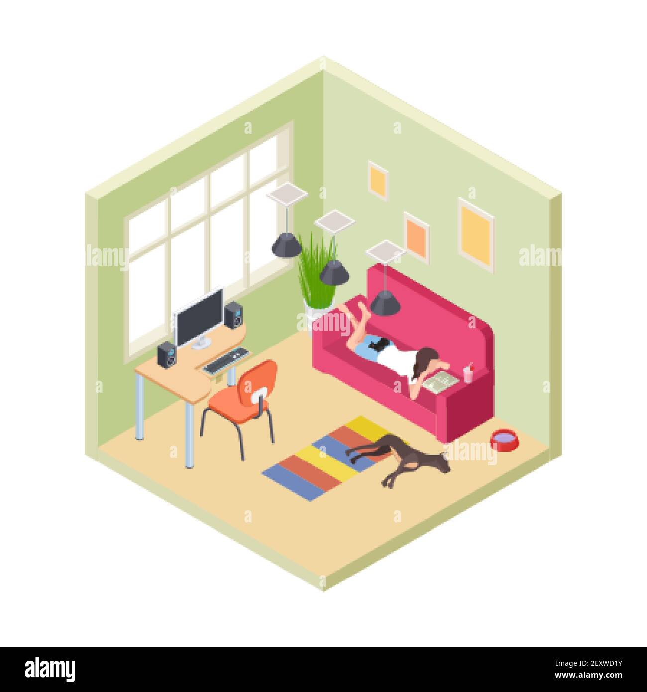Time relax. Girl relaxing couch reading book. Isometric living room ...