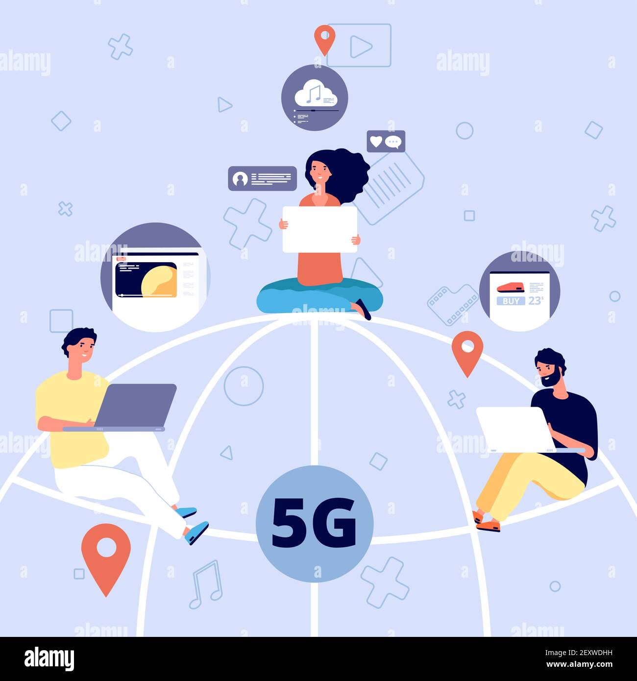 5g. People on globe with devices with 5g mobile internet, speed ...