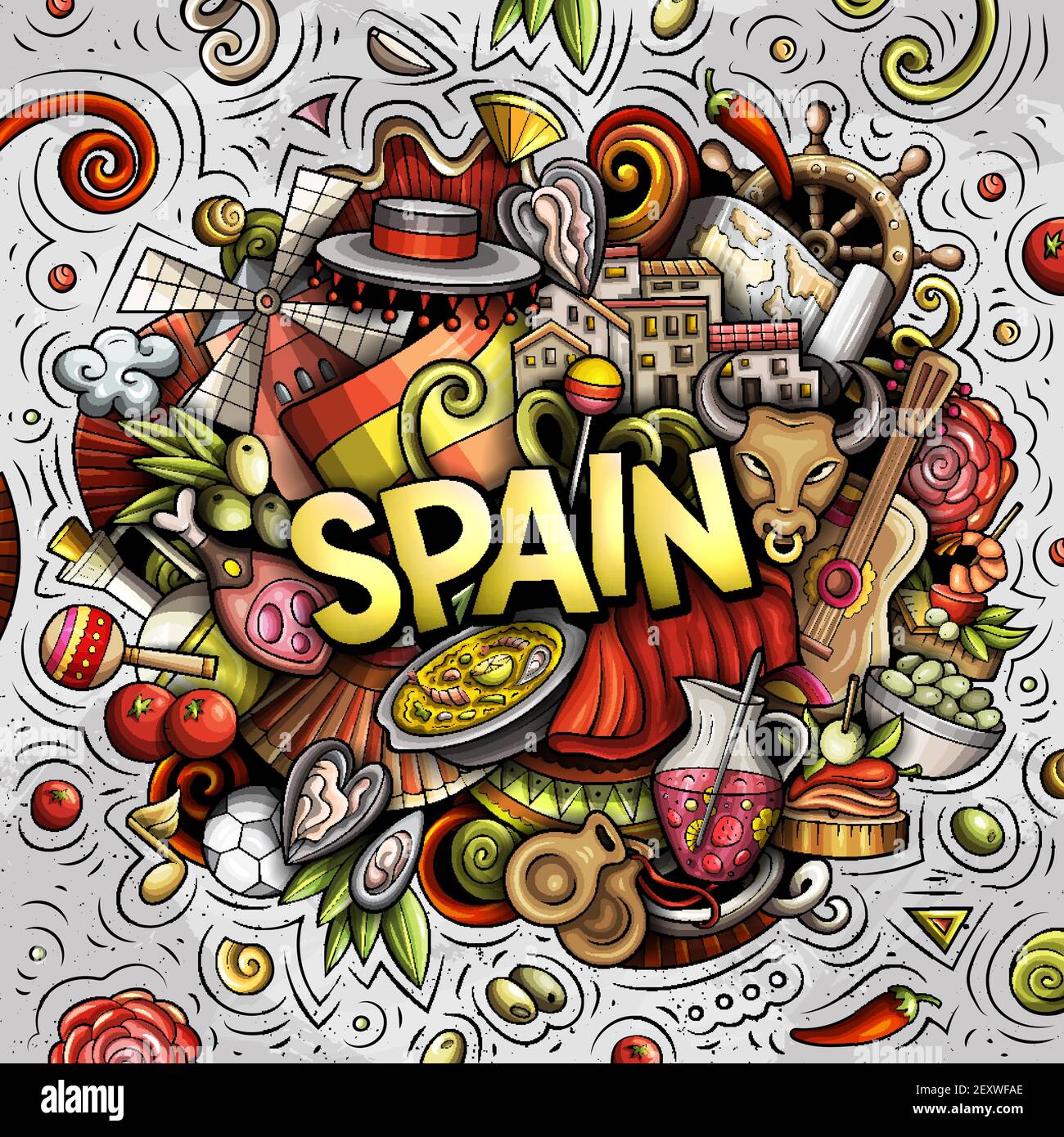 Spain hand drawn cartoon doodle illustration. Funny Spanish design ...