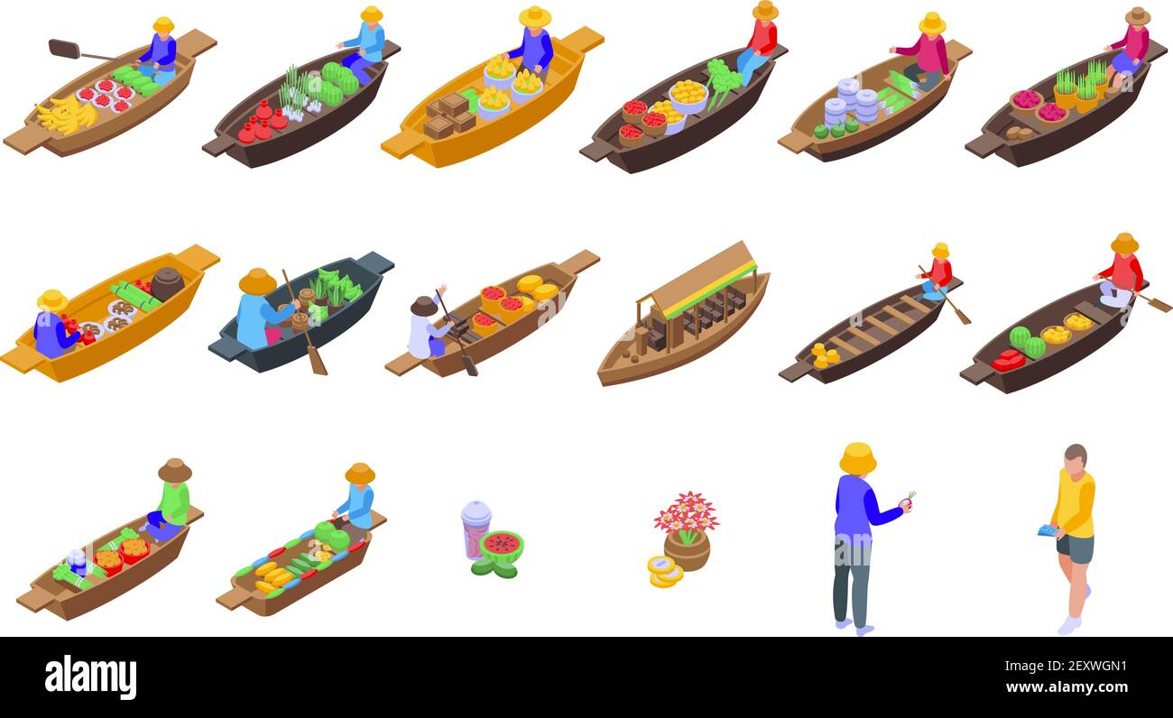 Floating market icons set. Isometric set of floating market vector ...
