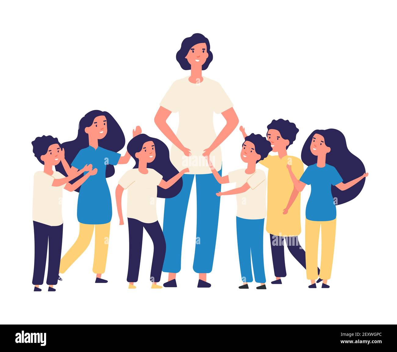 Educator and kids. Vector teacher, happy children characters. Group of ...