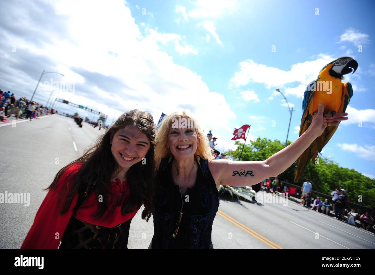 Women dressed as pirates makes their way over the Burnside Bridge with ...