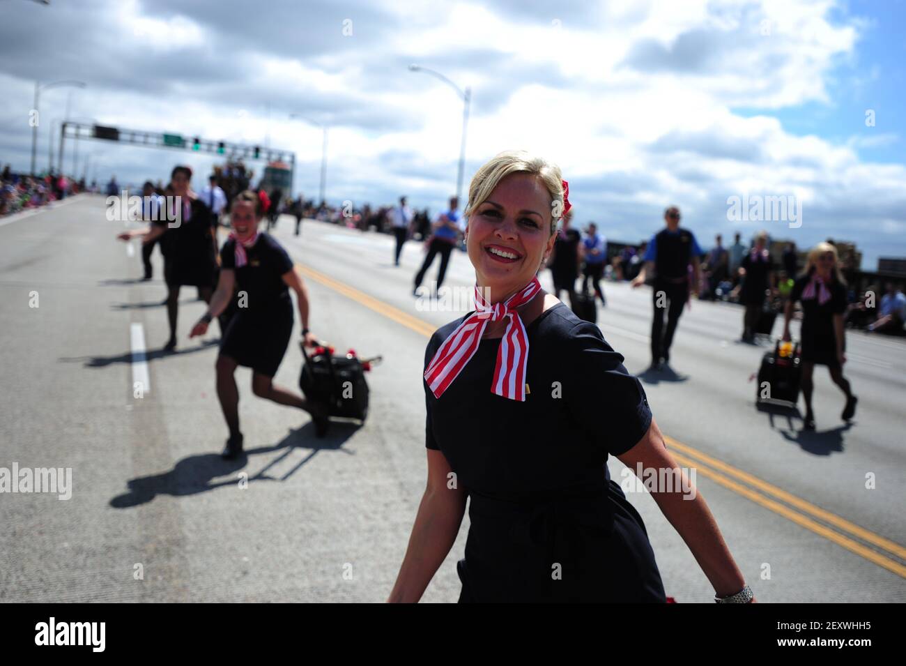 Alaska Airlines stewardesses dance their way over the Burnside Bridge ...