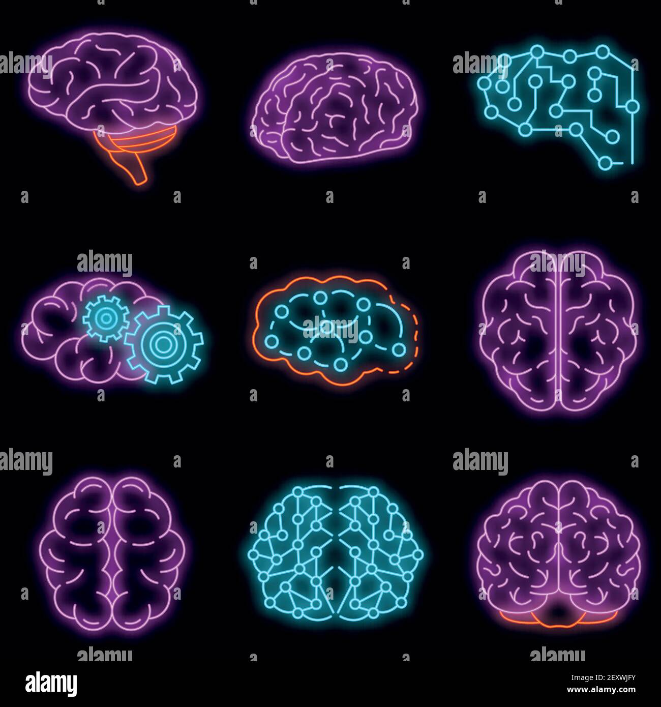 Memory brain icon set. Outline set of memory brain vector icons neon ...