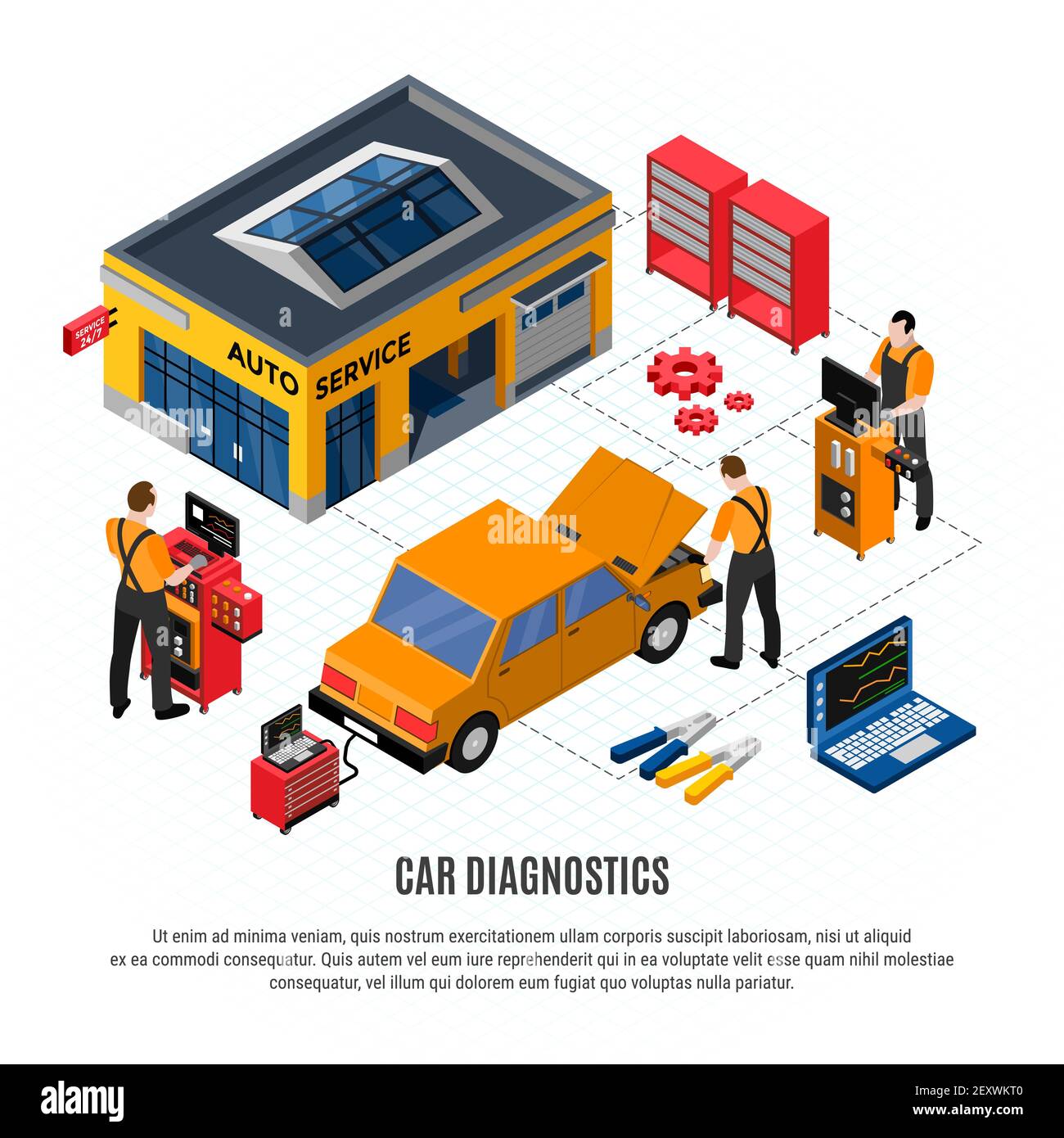 Car diagnostocs isometric concept with repair and spare parts symbols ...