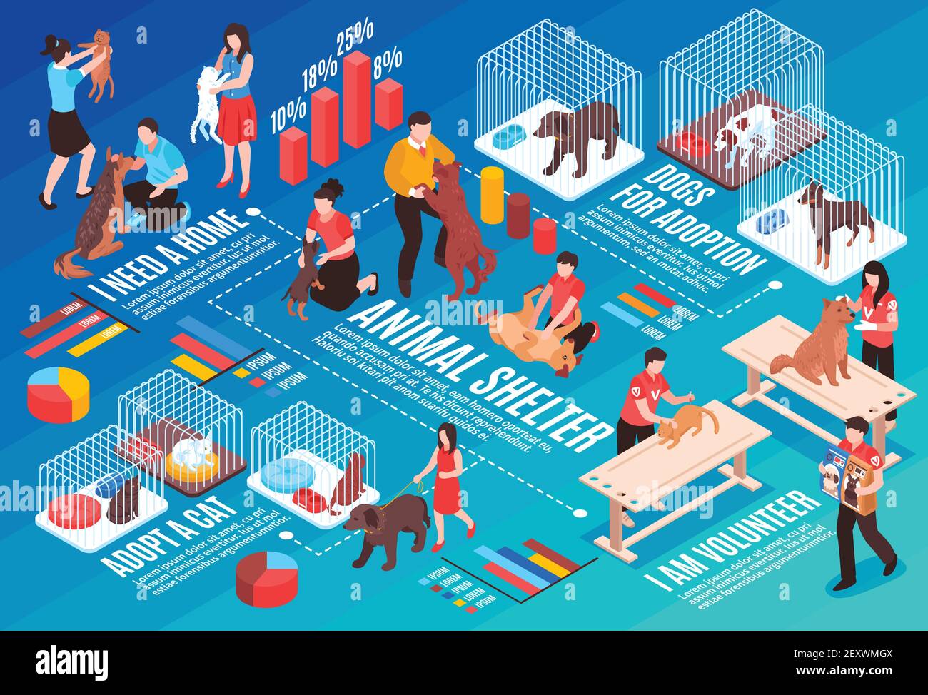 Animal shelter isometric flowchart with human characters dogs and cats ...