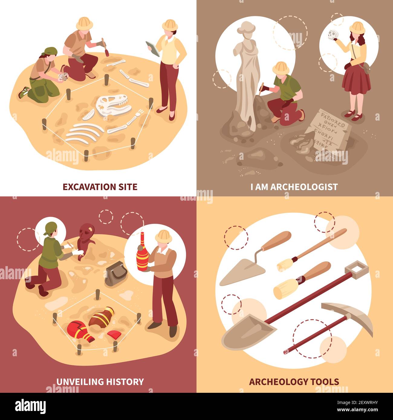Archeology isometric design concept scientists with tools at excavation ...