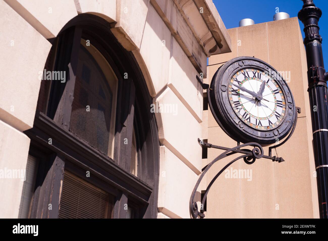 Community Clock Mounted on Building Close Corner Sidewalk Stock Photo ...