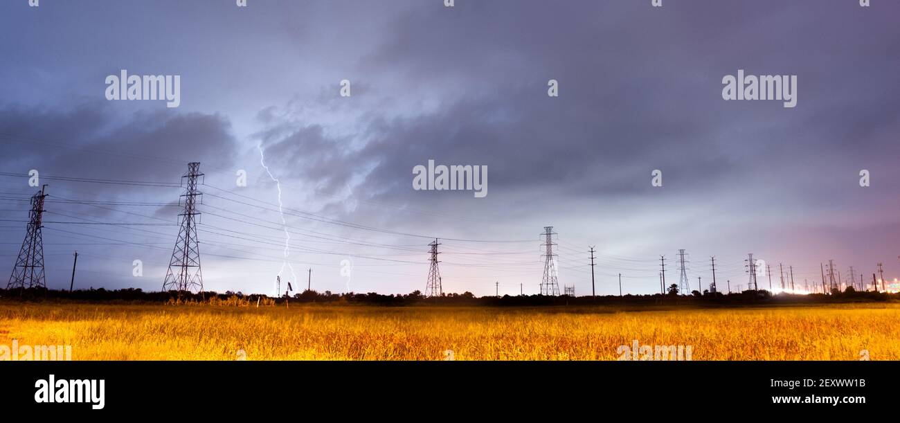 Electrical Storm Thunderstorm Lightning over Power Lines South Texas ...