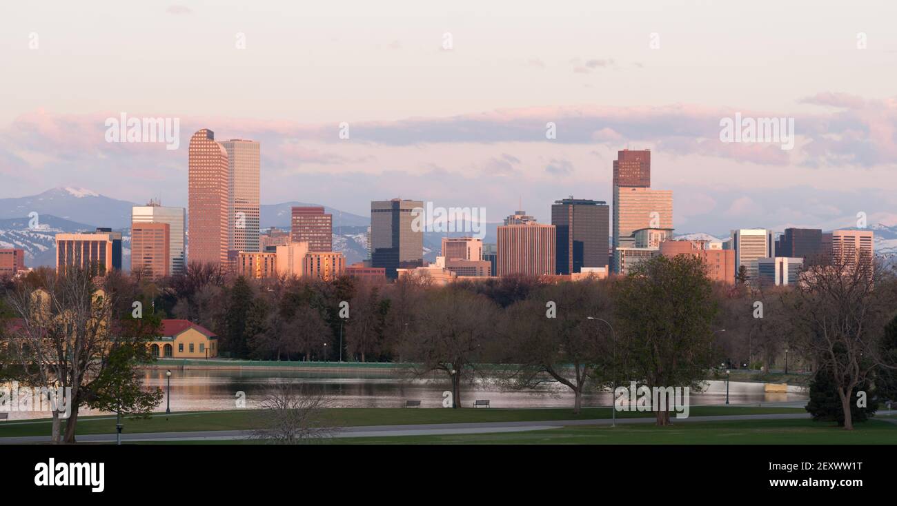 City Park View Ferril Lake Downtown Denver Skyline Sunrise Stock Photo ...
