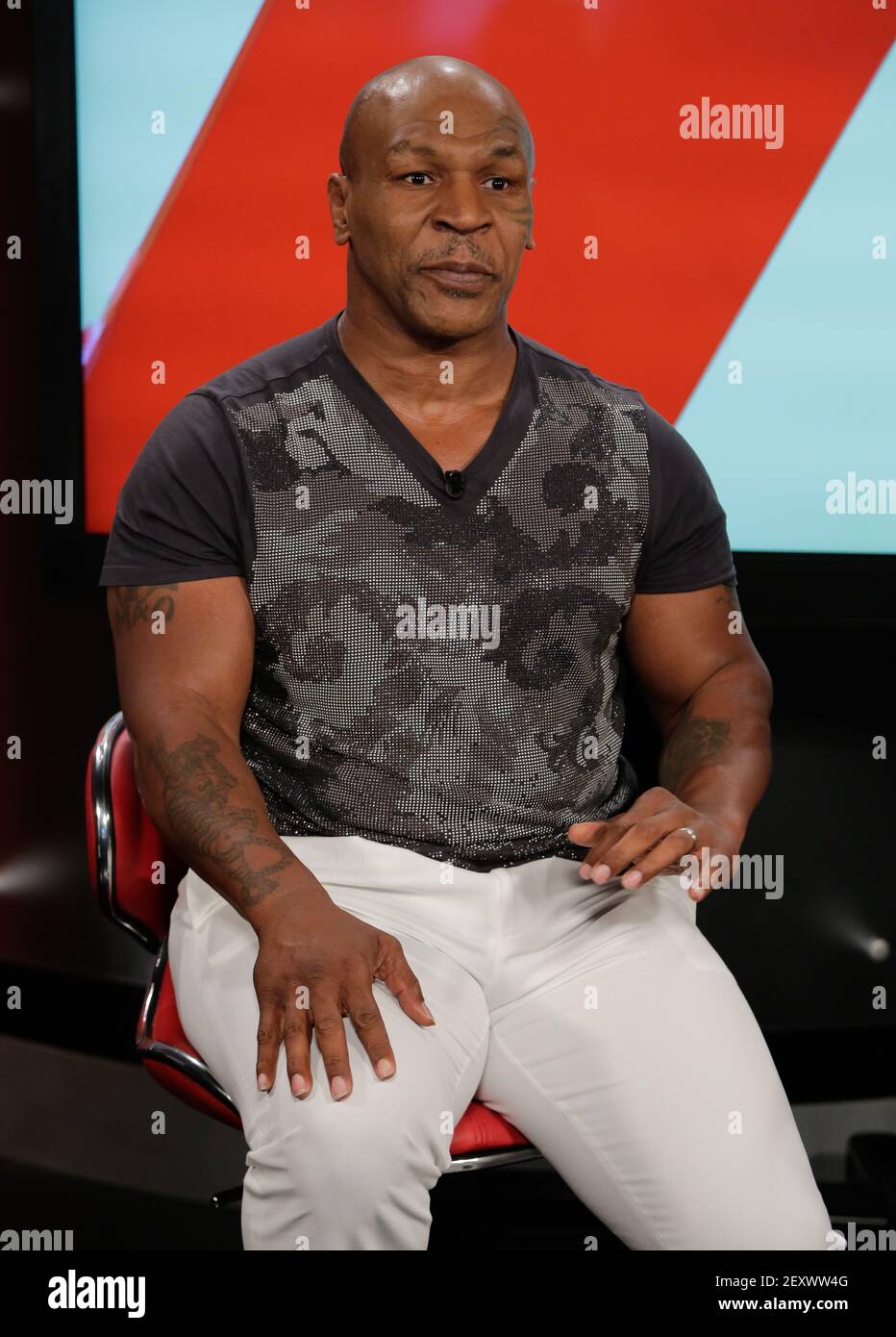 Mike Tyson is seen on set at Mega TV to promote an Iron Mike Promotions ...