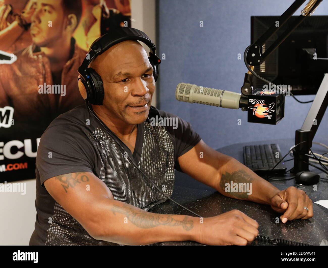 Mike Tyson is seen on set at Mega TV to promote an Iron Mike Promotions ...