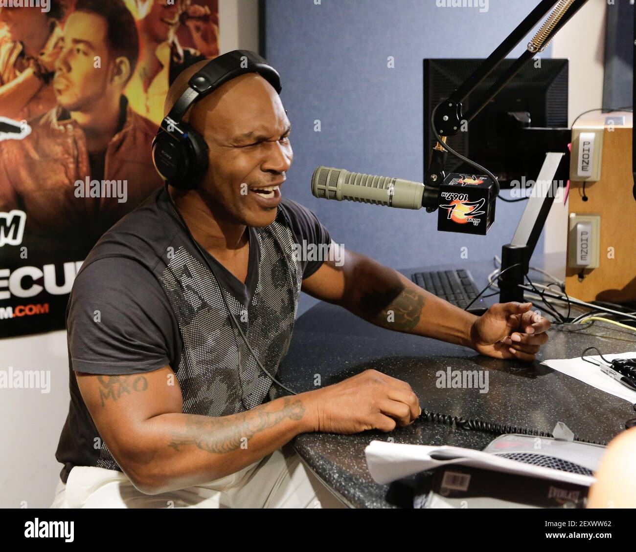Mike Tyson is seen on set at Mega TV to promote an Iron Mike Promotions ...