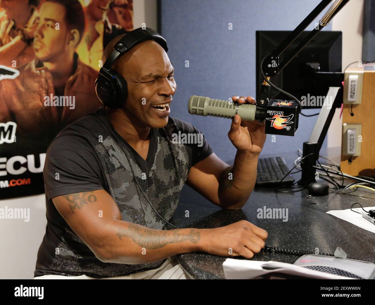 Mike Tyson is seen on set at Mega TV to promote an Iron Mike Promotions ...