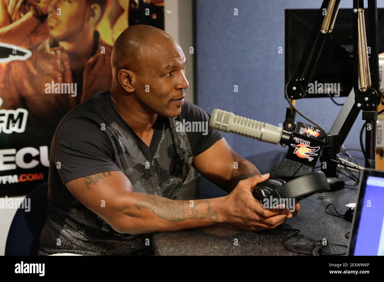 Mike Tyson is seen on set at Mega TV to promote an Iron Mike Promotions ...