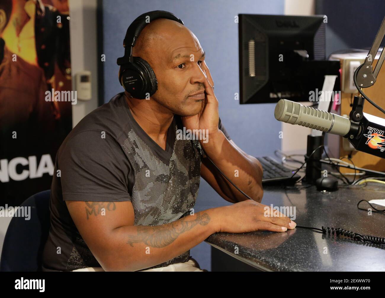 Mike Tyson is seen on set at Mega TV to promote an Iron Mike Promotions ...