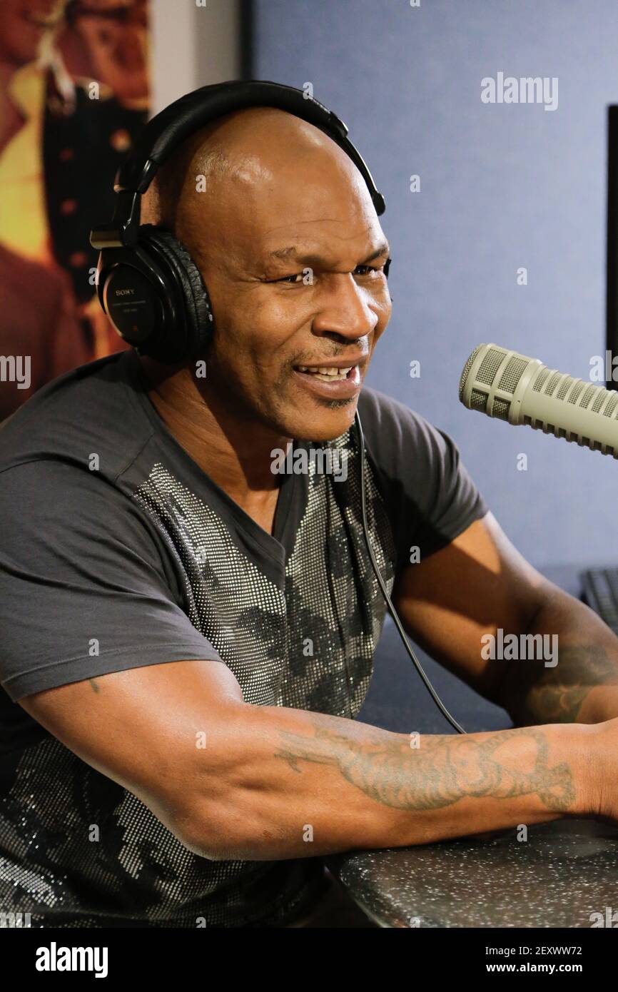 Mike Tyson is seen on set at Mega TV to promote an Iron Mike Promotions ...