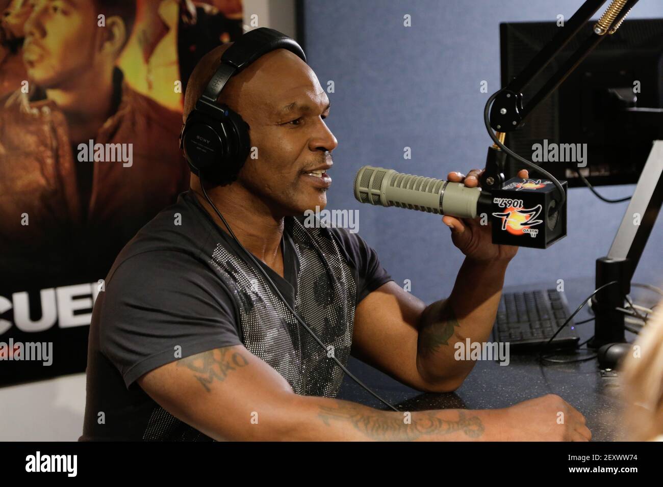 Mike Tyson is seen on set at Mega TV to promote an Iron Mike Promotions ...