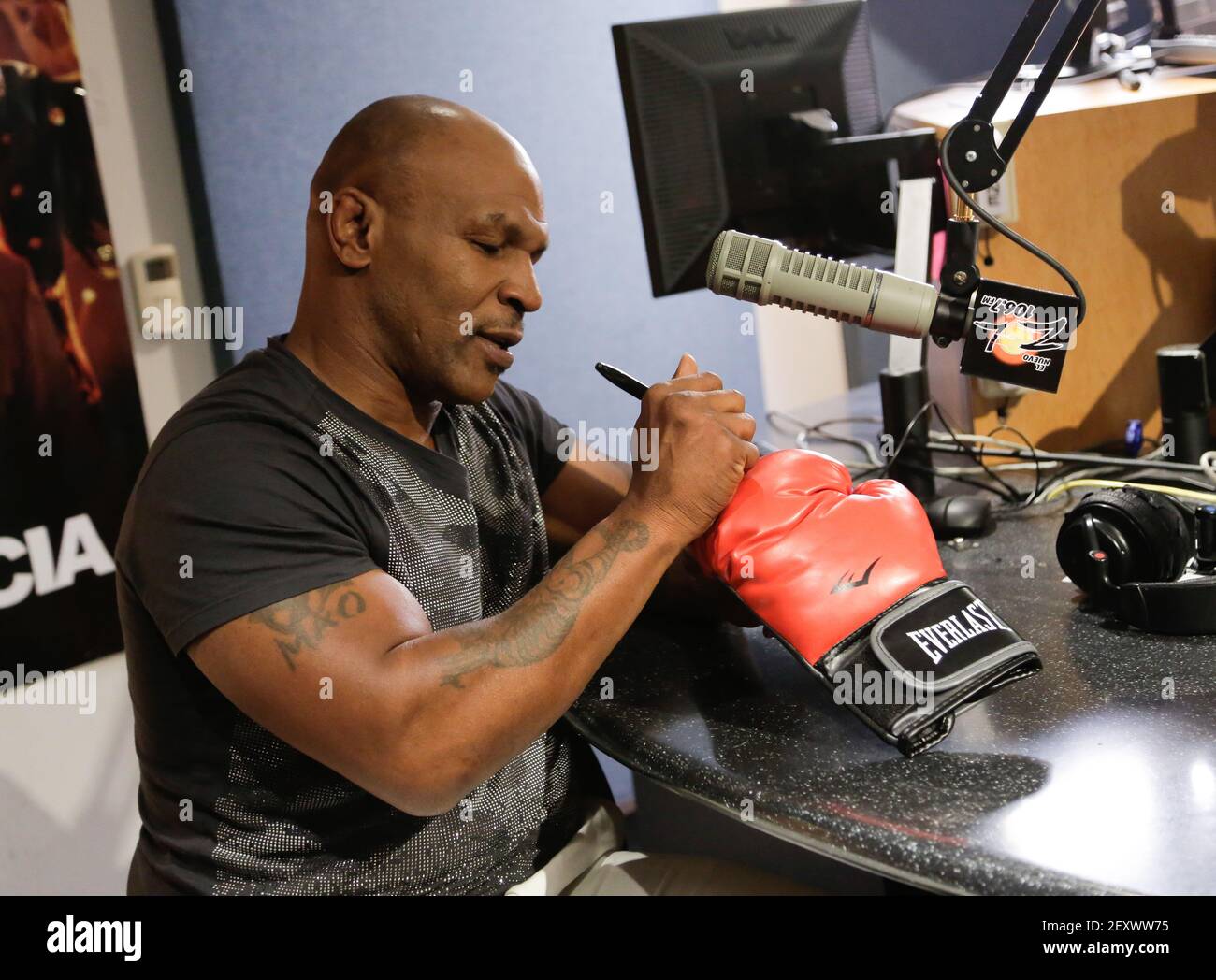 Mike Tyson is seen on set at Mega TV to promote an Iron Mike Promotions ...