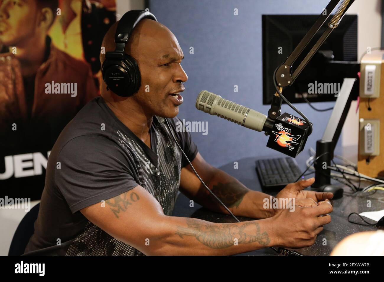 Mike Tyson is seen on set at Mega TV to promote an Iron Mike Promotions ...