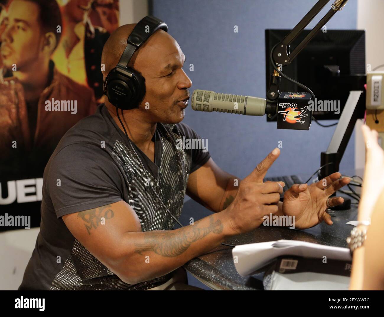 Mike Tyson is seen on set at Mega TV to promote an Iron Mike Promotions ...