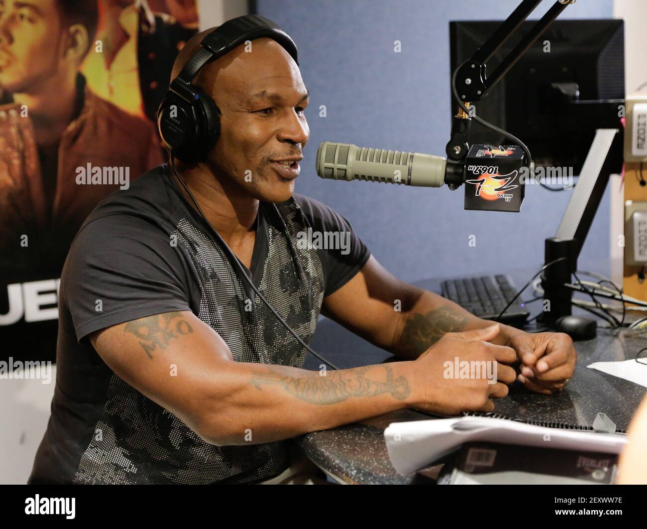 Mike Tyson is seen on set at Mega TV to promote an Iron Mike Promotions ...