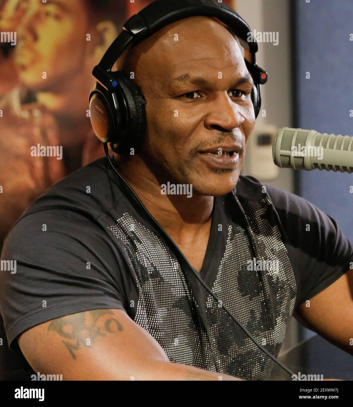 Mike Tyson is seen on set at Mega TV to promote an Iron Mike Promotions ...