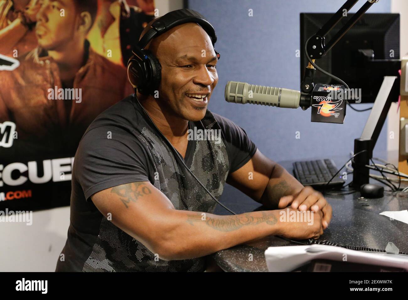 Mike Tyson is seen on set at Mega TV to promote an Iron Mike Promotions ...