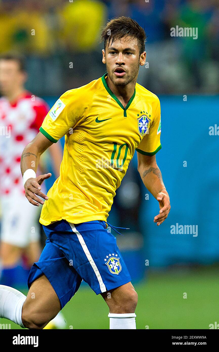 Neymar celebrating his second goal for Brazil during the opening soccer ...