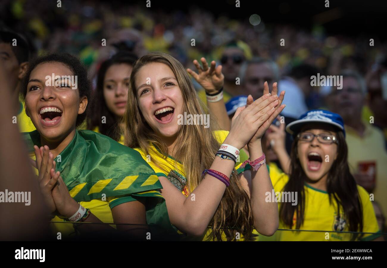 Brazil supporters during the opening soccer match of the 2014 FIFA ...